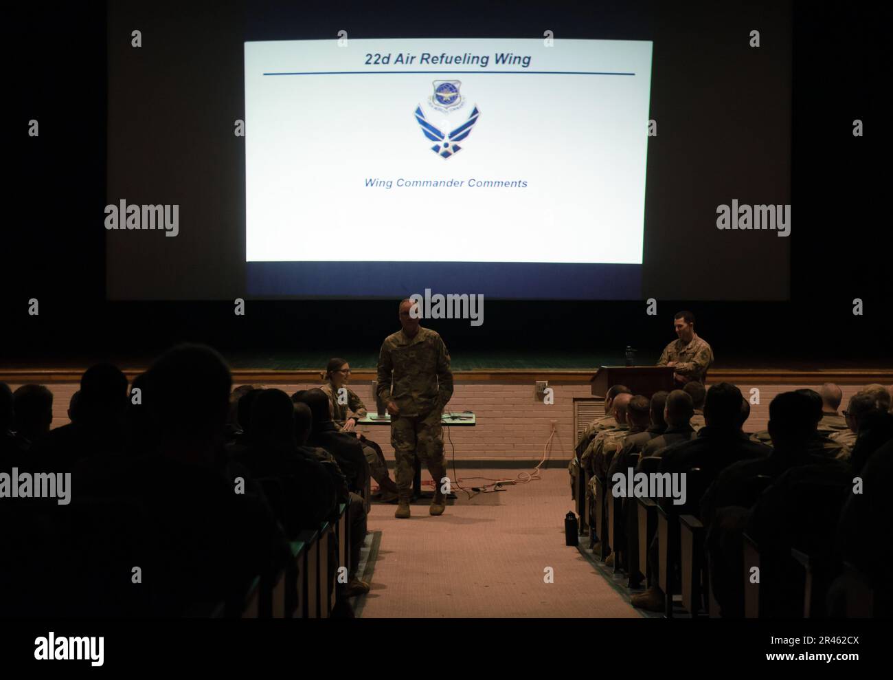 Col. Nate Vogel, 22nd Air Refueling Wing commander, speaks during a ...