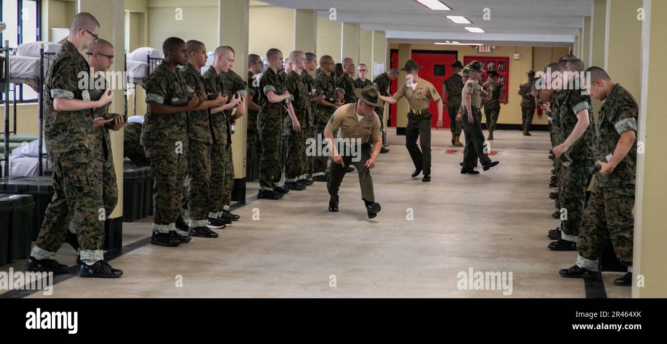 Recruits meet their Drill Instructors for the first time on pickup day on Marine Corps Recruit ...