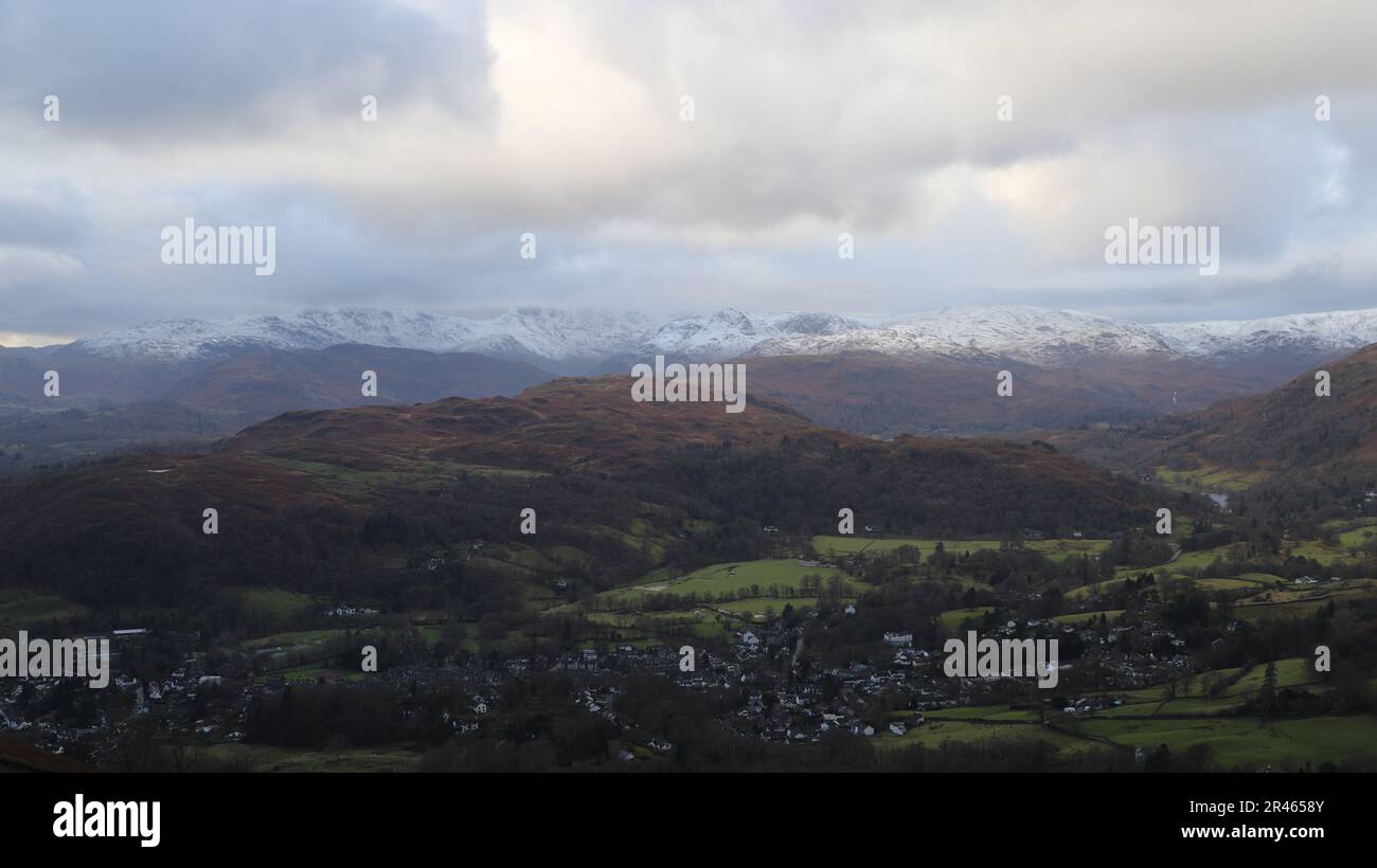 A scenic landscape of a tranquil mountainous valley in Windermere ...