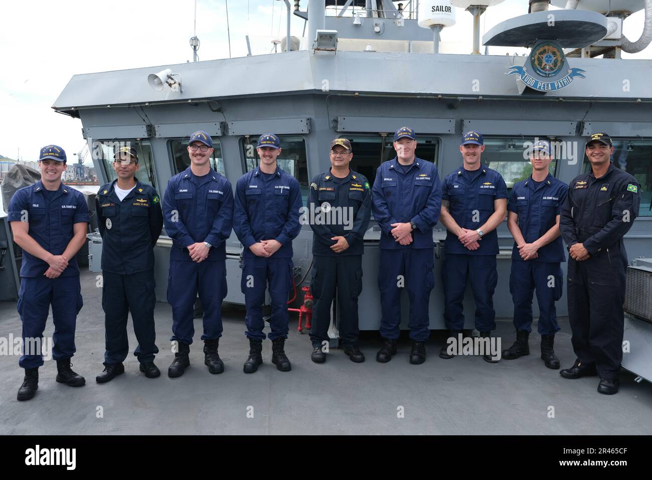USCGC Stone (WMSL 758) crew members and Brazil Navy personnel pose for ...