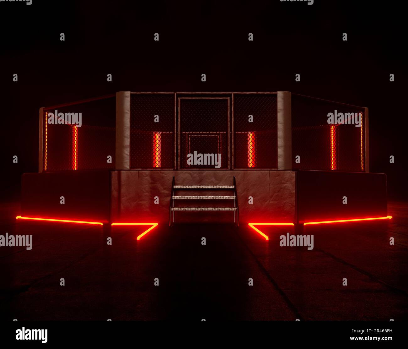 A futurist cyberpunk concept of a MMA octagon ring lit by illuminated ...