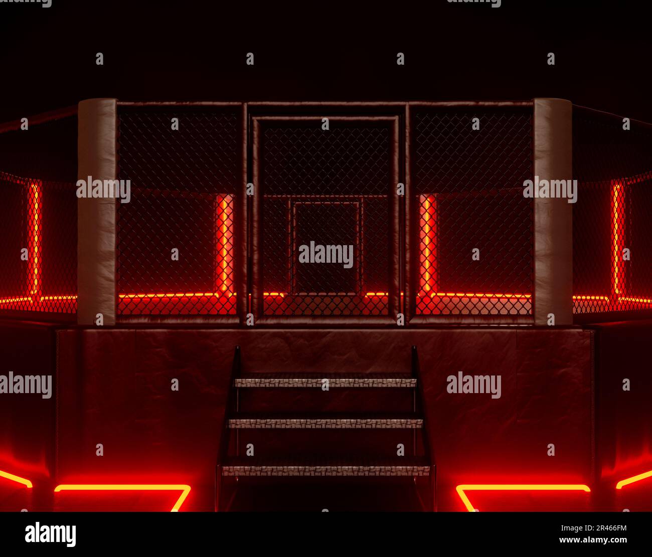 A futurist cyberpunk concept of a MMA octagon ring lit by illuminated ...