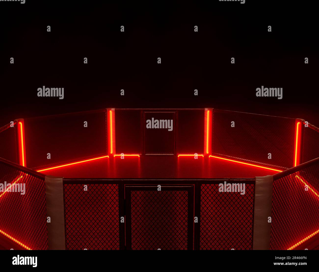 A futurist cyberpunk concept of a MMA octagon ring lit by illuminated ...