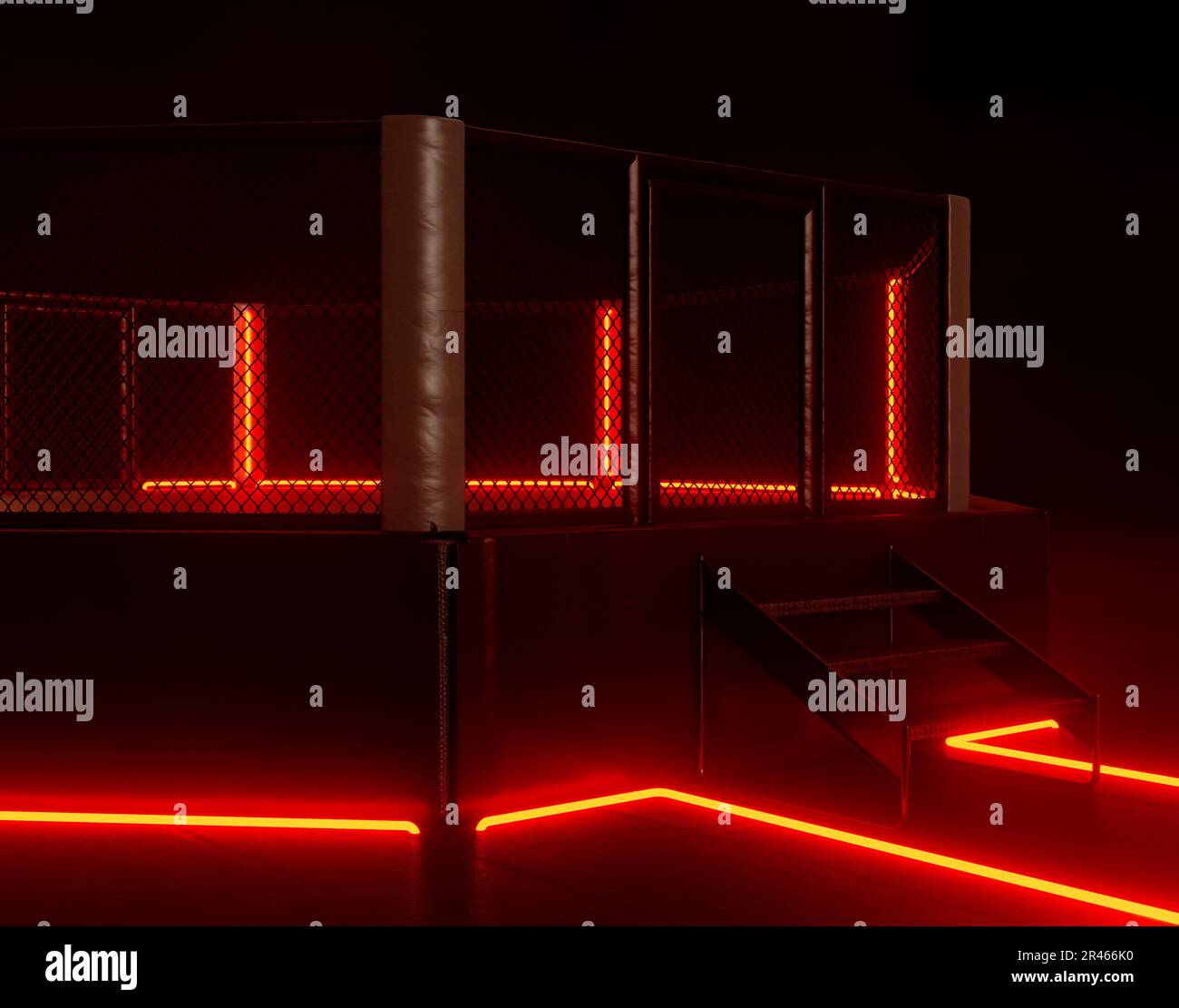 A futurist cyberpunk concept of a MMA octagon ring lit by illuminated ...