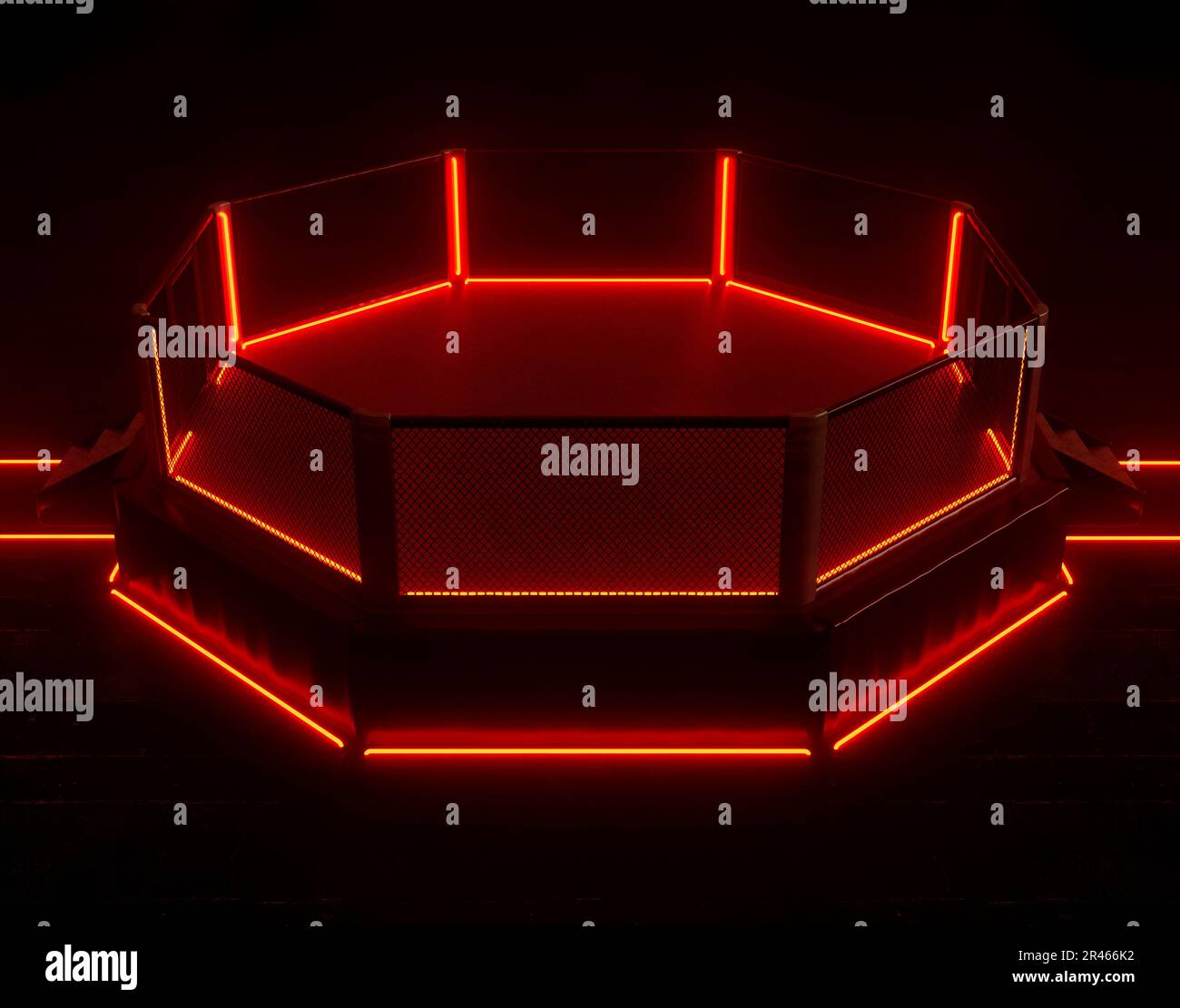 A futurist cyberpunk concept of a MMA octagon ring lit by illuminated ...