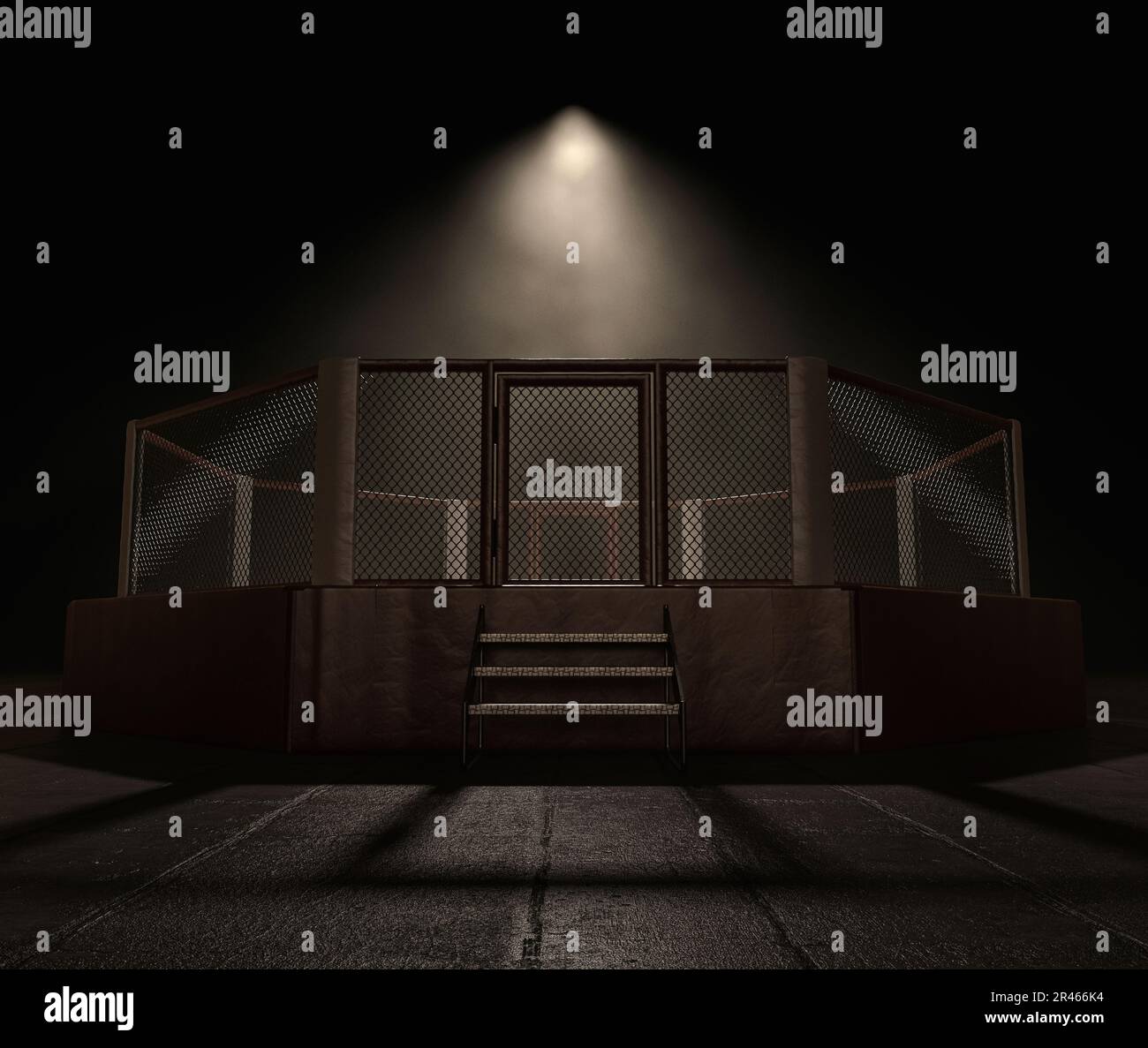 A modern MMA ring spotlit on a dark and ominous isolated background ...