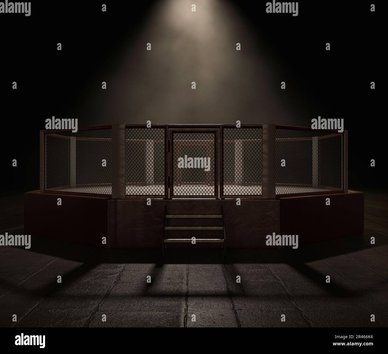 A modern MMA ring spotlit on a dark and ominous isolated background ...
