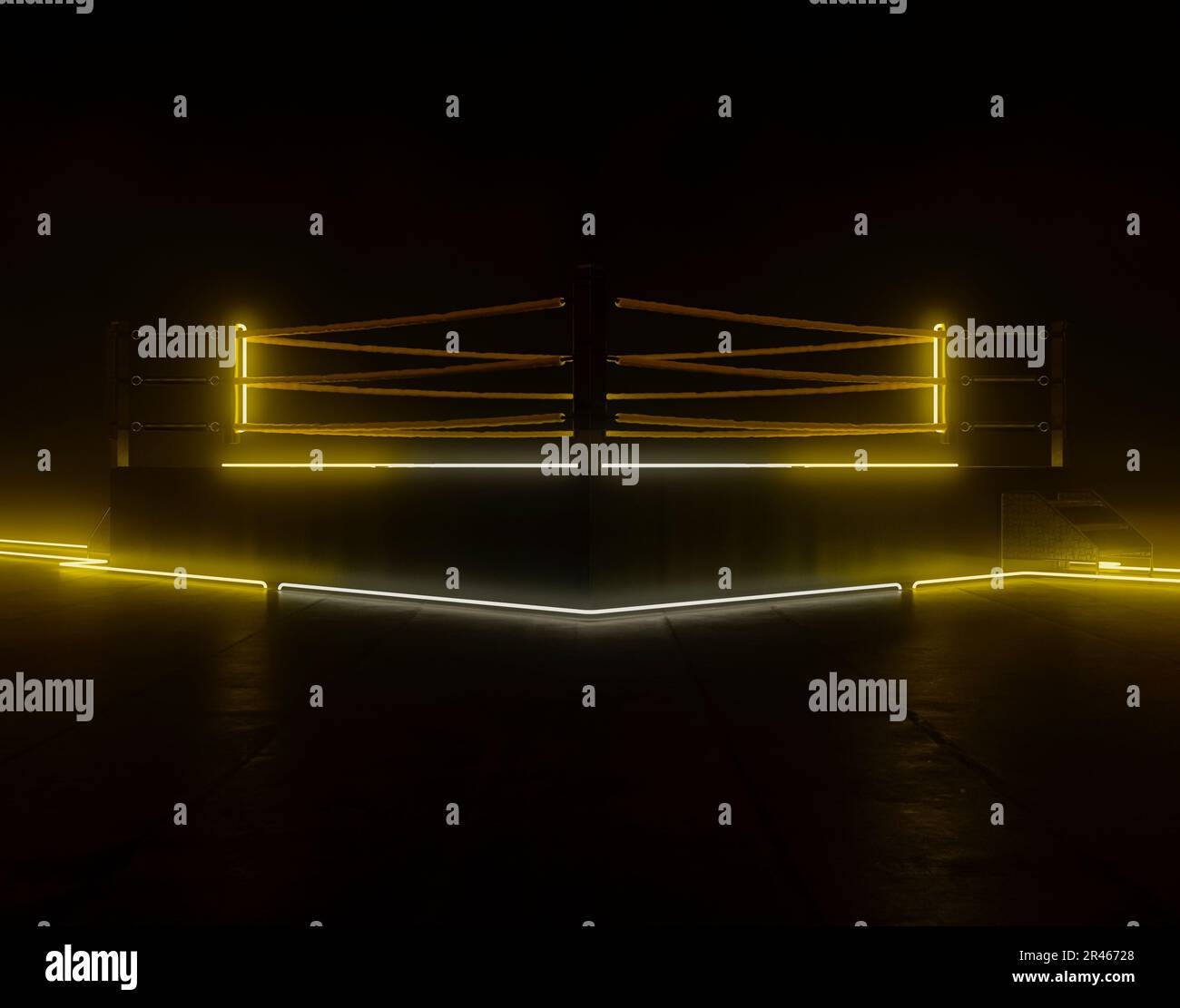 A futurist cyberpunk concept of a wrestling ring lit by illuminated ...