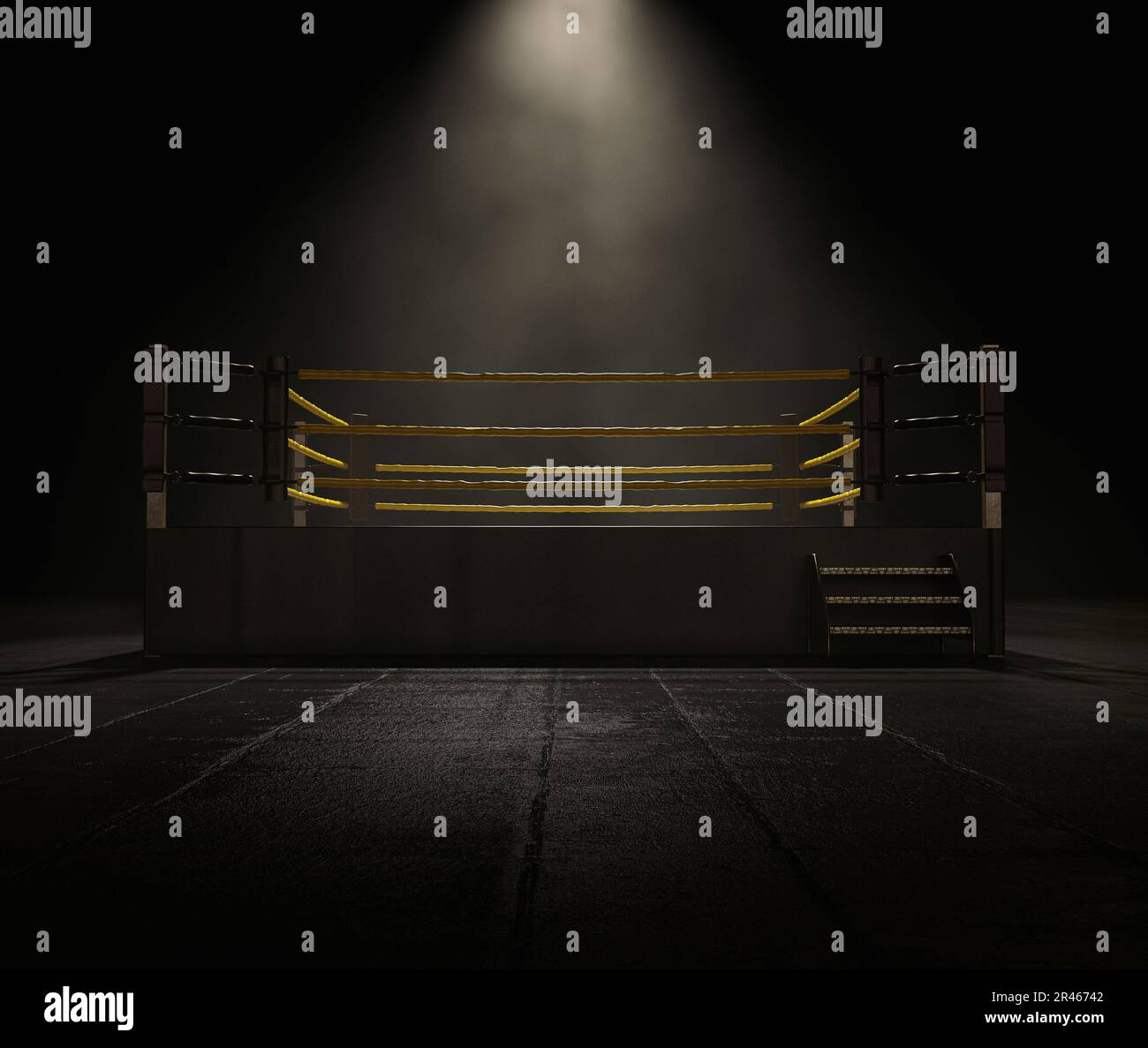 A modern wrestling ring with yellow ropes spotlit on a dark and ominous ...