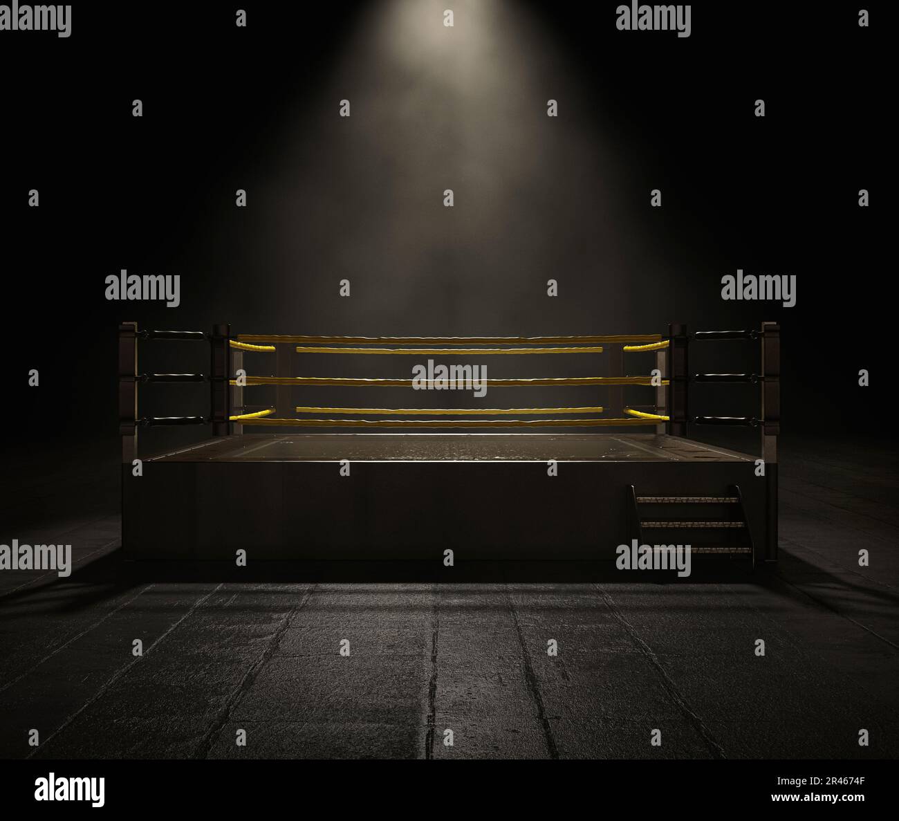A modern wrestling ring with yellow ropes spotlit on a dark and ominous ...