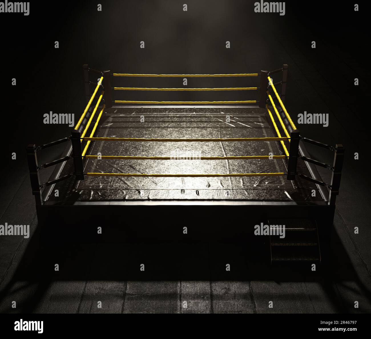 A modern wrestling ring with yellow ropes spotlit on a dark and ominous ...