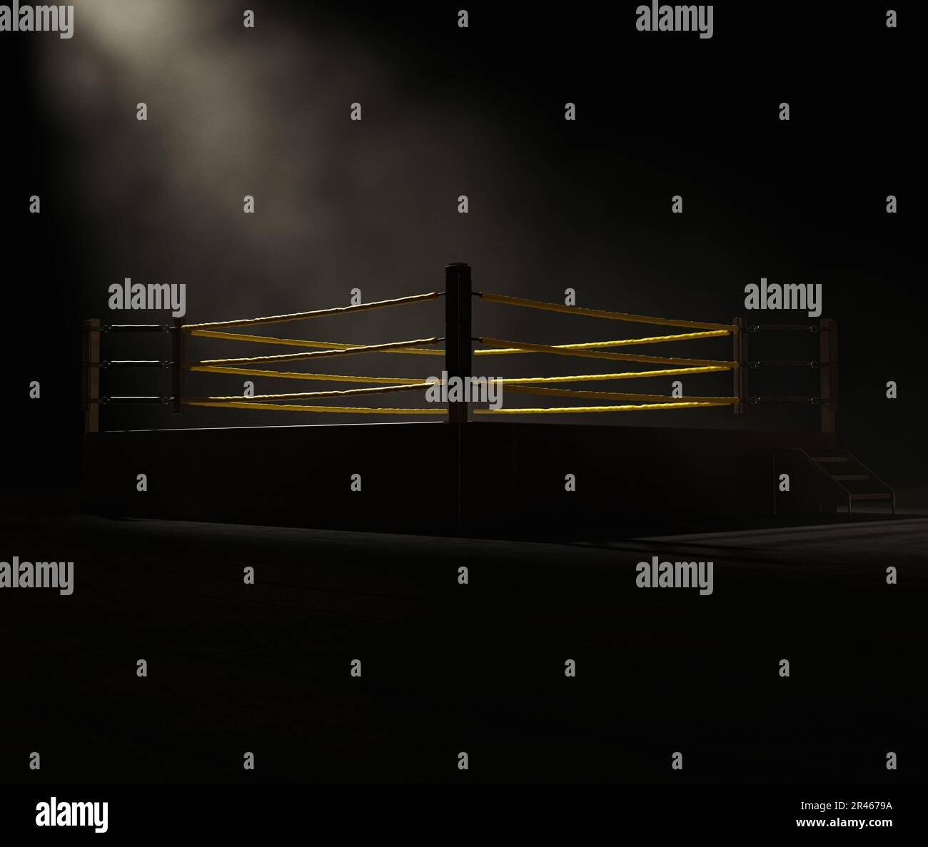 A modern wrestling ring with yellow ropes spotlit on a dark and ominous ...
