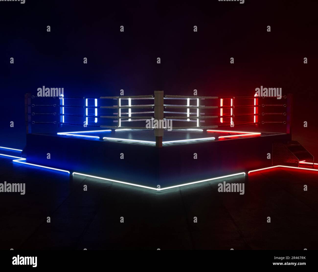 A futurist cyberpunk concept of a boxing ring lit by illuminated red ...