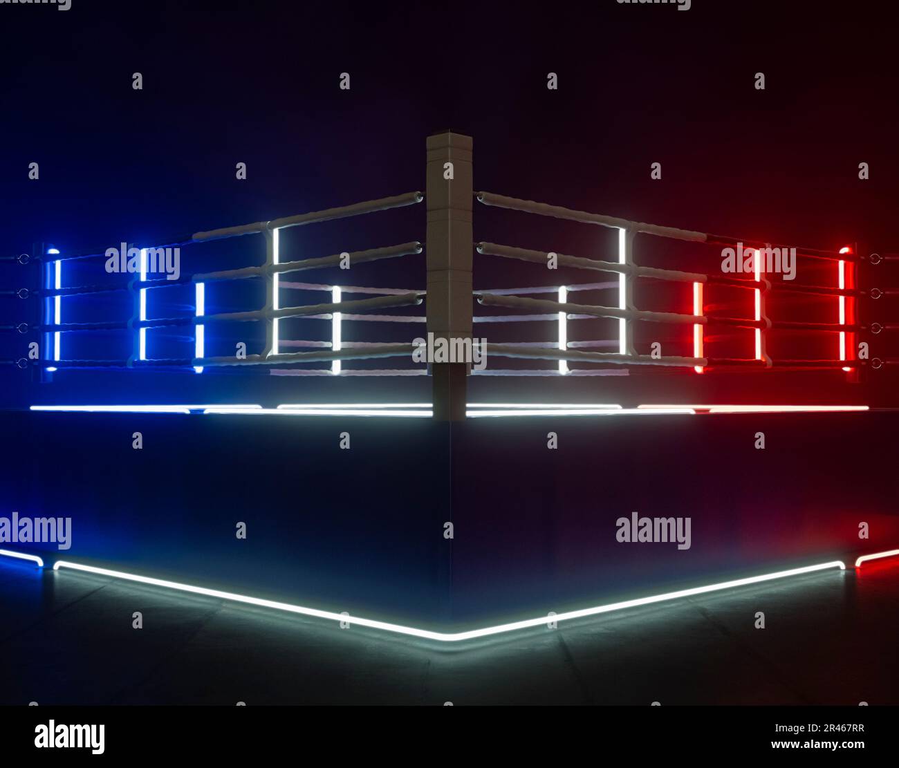 A futurist cyberpunk concept of a boxing ring lit by illuminated red ...