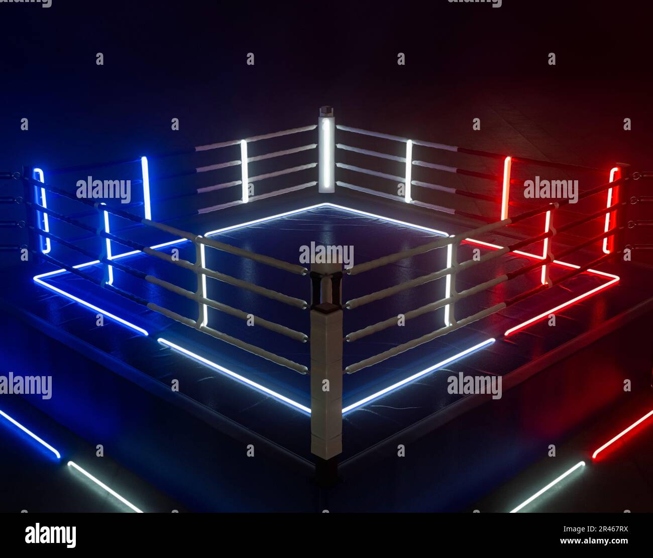 A futurist cyberpunk concept of a boxing ring lit by illuminated red ...