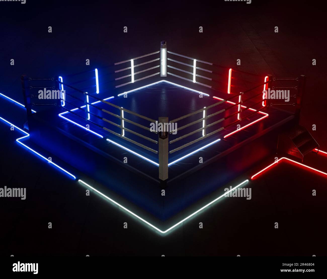 A futurist cyberpunk concept of a boxing ring lit by illuminated red ...