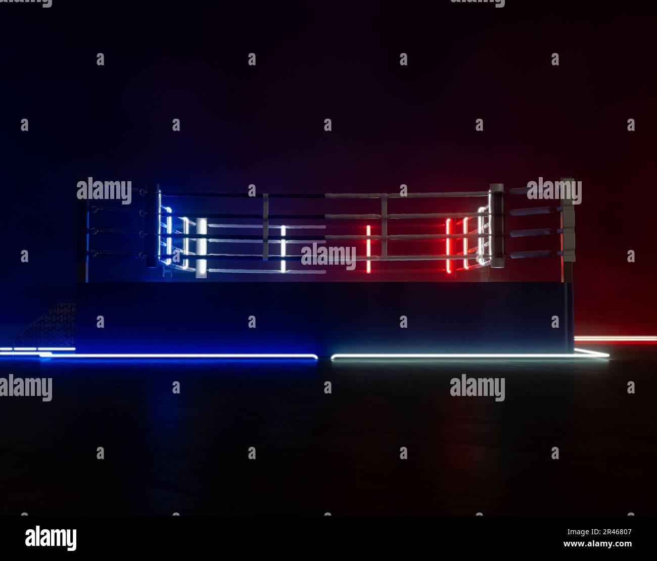 A futurist cyberpunk concept of a boxing ring lit by illuminated red ...