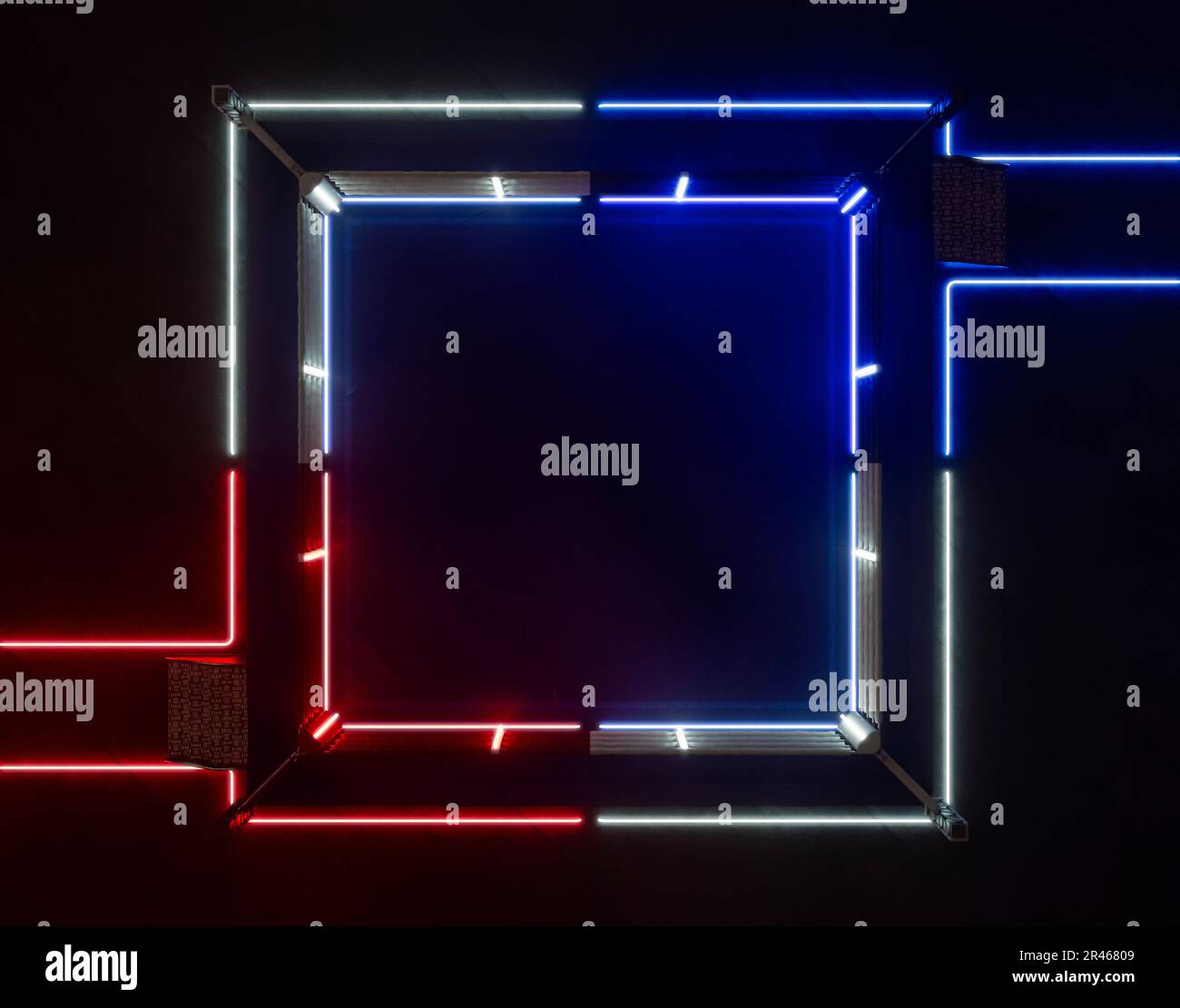 A futurist cyberpunk concept of a boxing ring lit by illuminated red ...