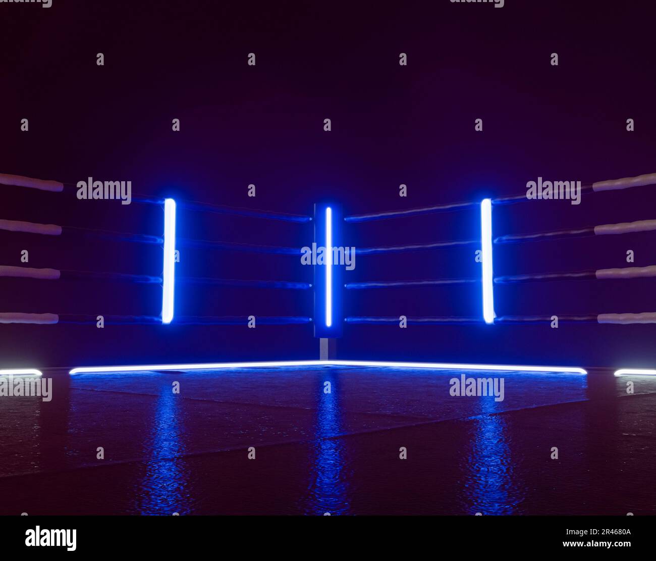 A futurist cyberpunk concept of a boxing ring lit by illuminated red ...