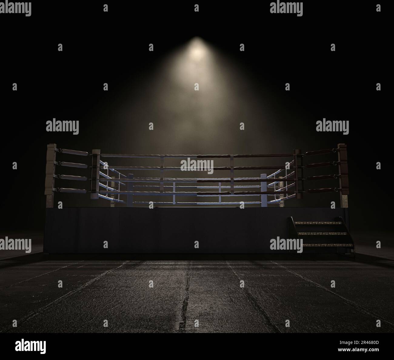 A modern boxing ring with opposing blue and red corners spotlit on a ...
