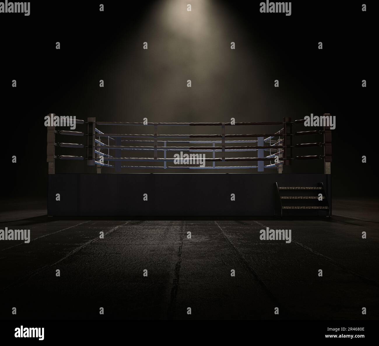 A modern boxing ring with opposing blue and red corners spotlit on a ...