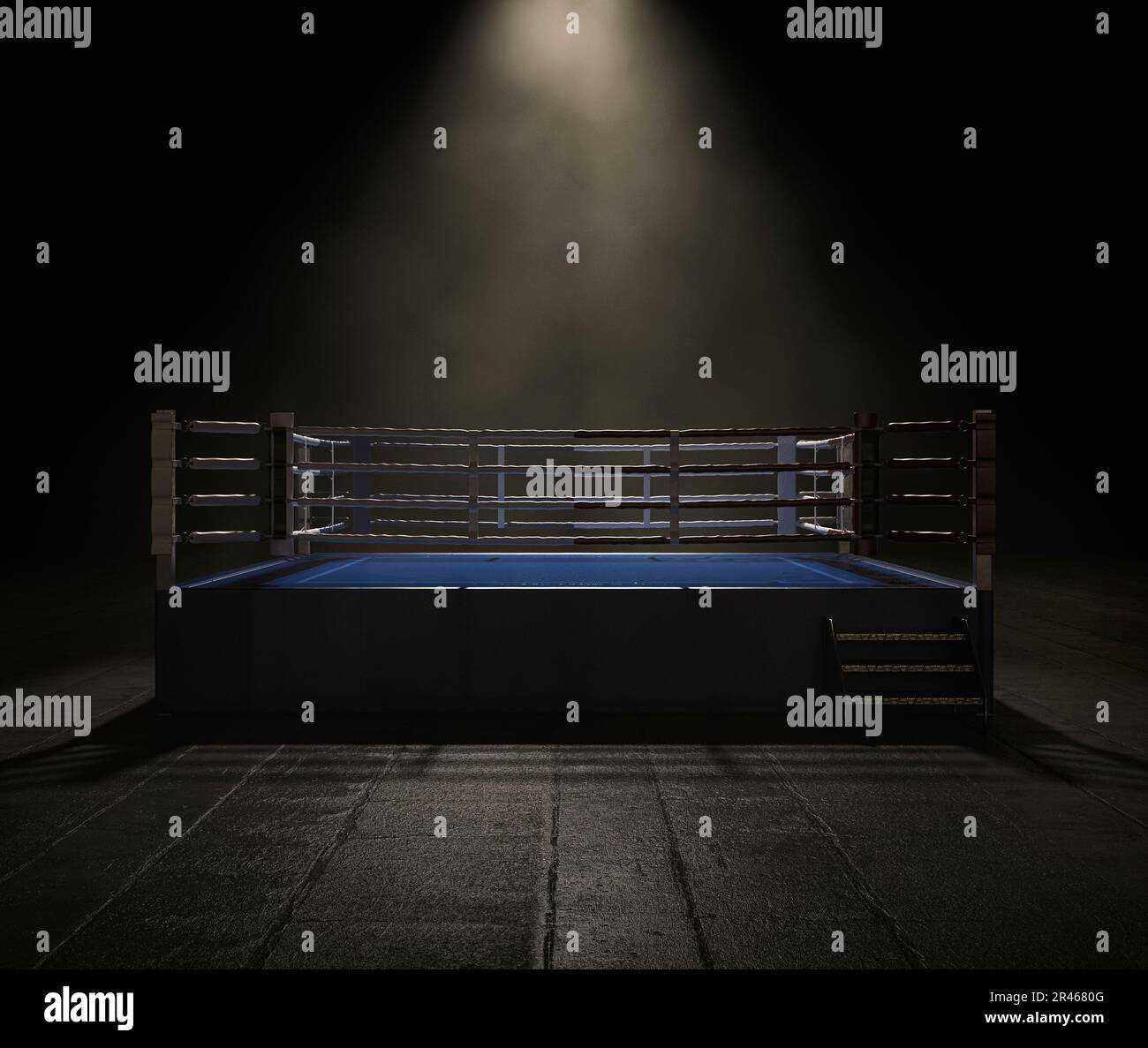 A modern boxing ring with opposing blue and red corners spotlit on a ...