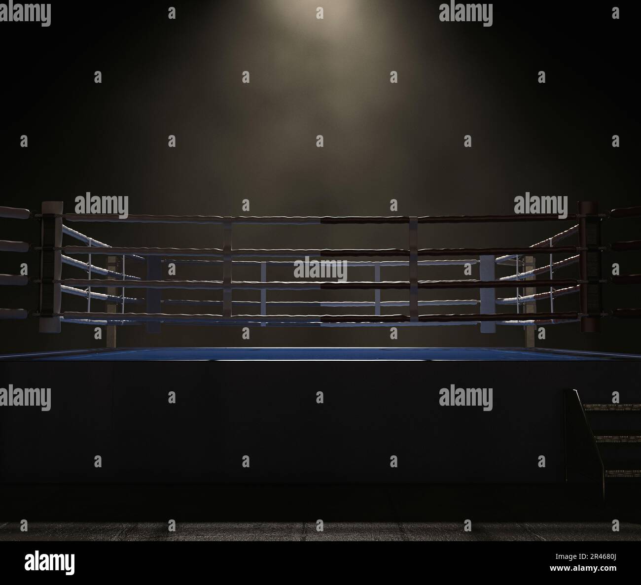 A modern boxing ring with opposing blue and red corners spotlit on a ...