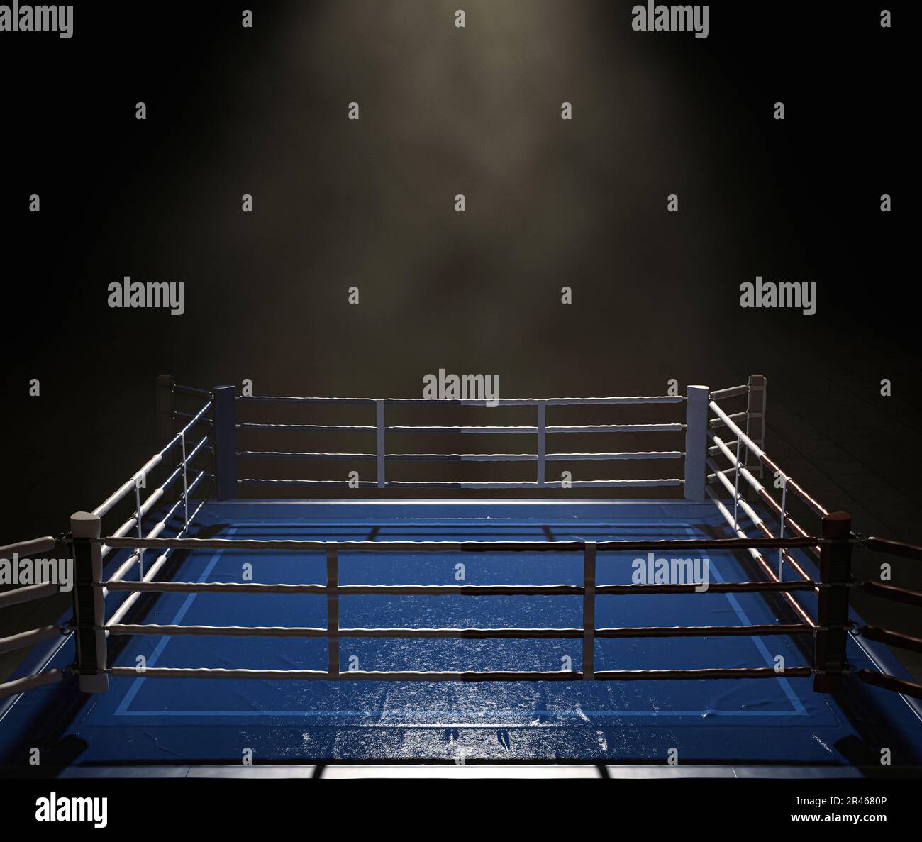 A modern boxing ring with opposing blue and red corners spotlit on a ...