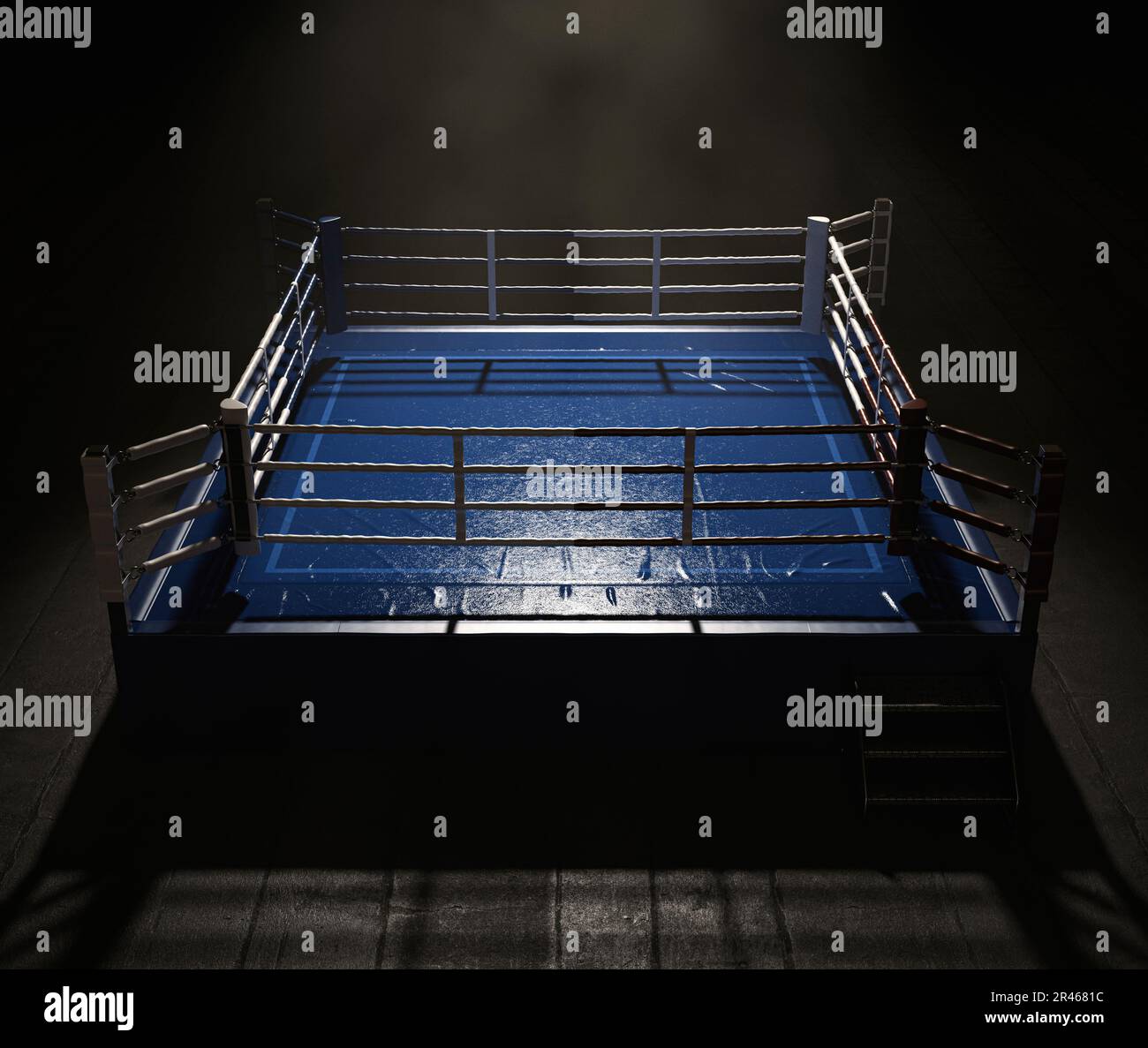 A modern boxing ring with opposing blue and red corners spotlit on a ...