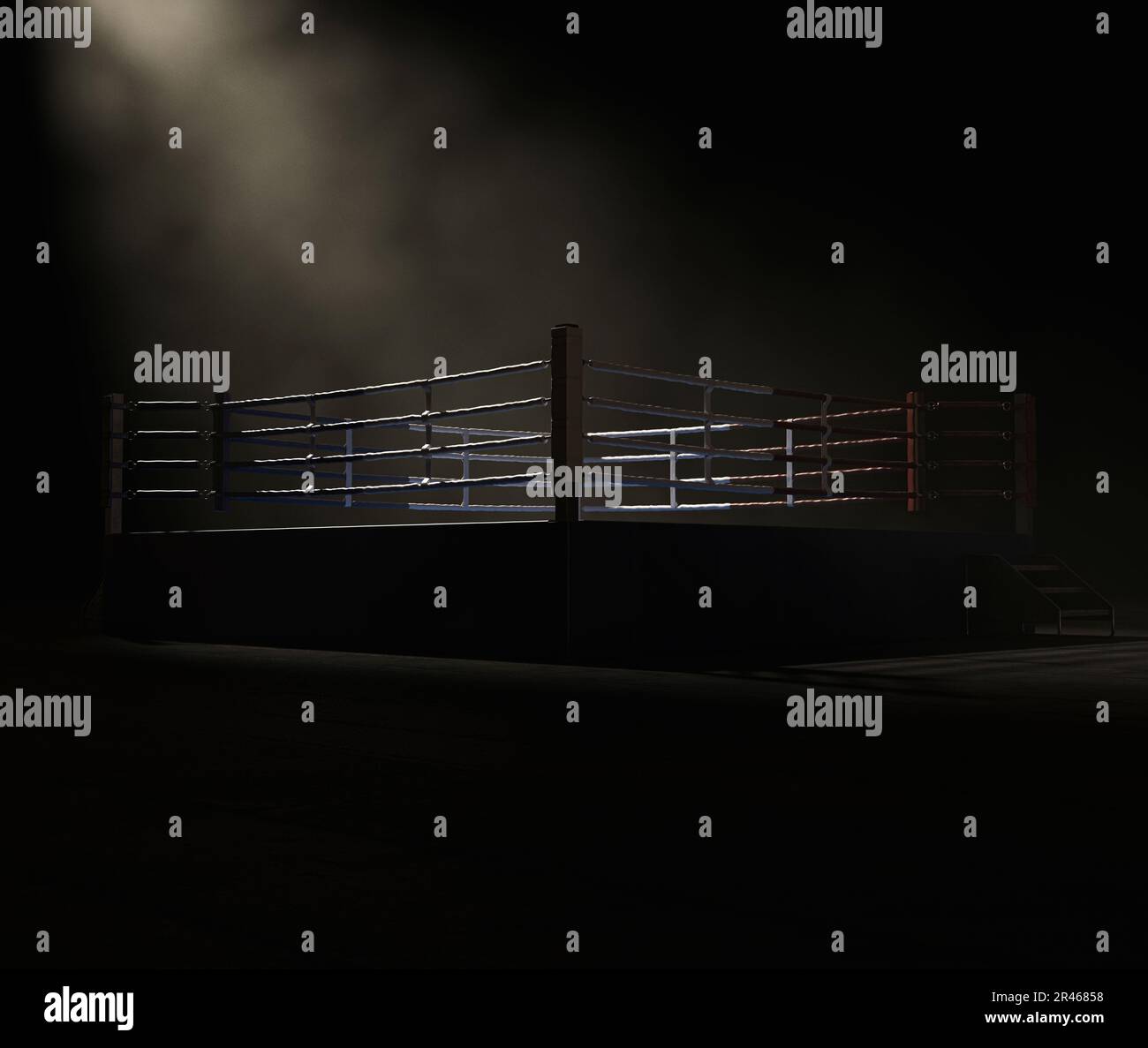A modern boxing ring with opposing blue and red corners spotlit on a ...