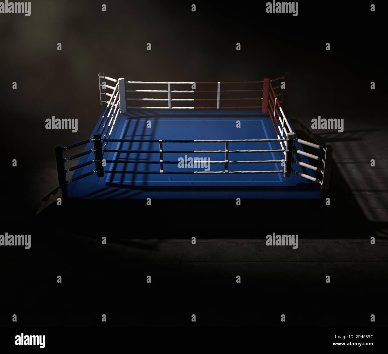 A modern boxing ring with opposing blue and red corners spotlit on a ...