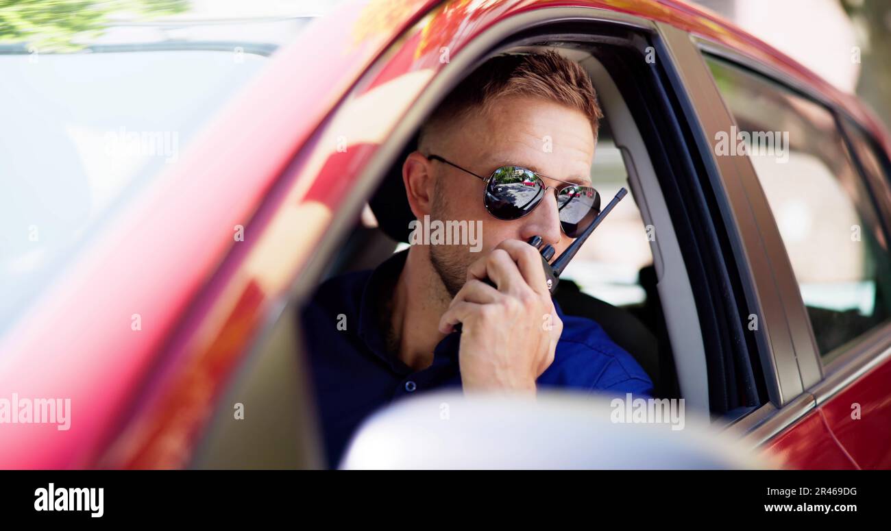 Security Detective Man In Car. Investigator With Walkie Talkie Stock ...