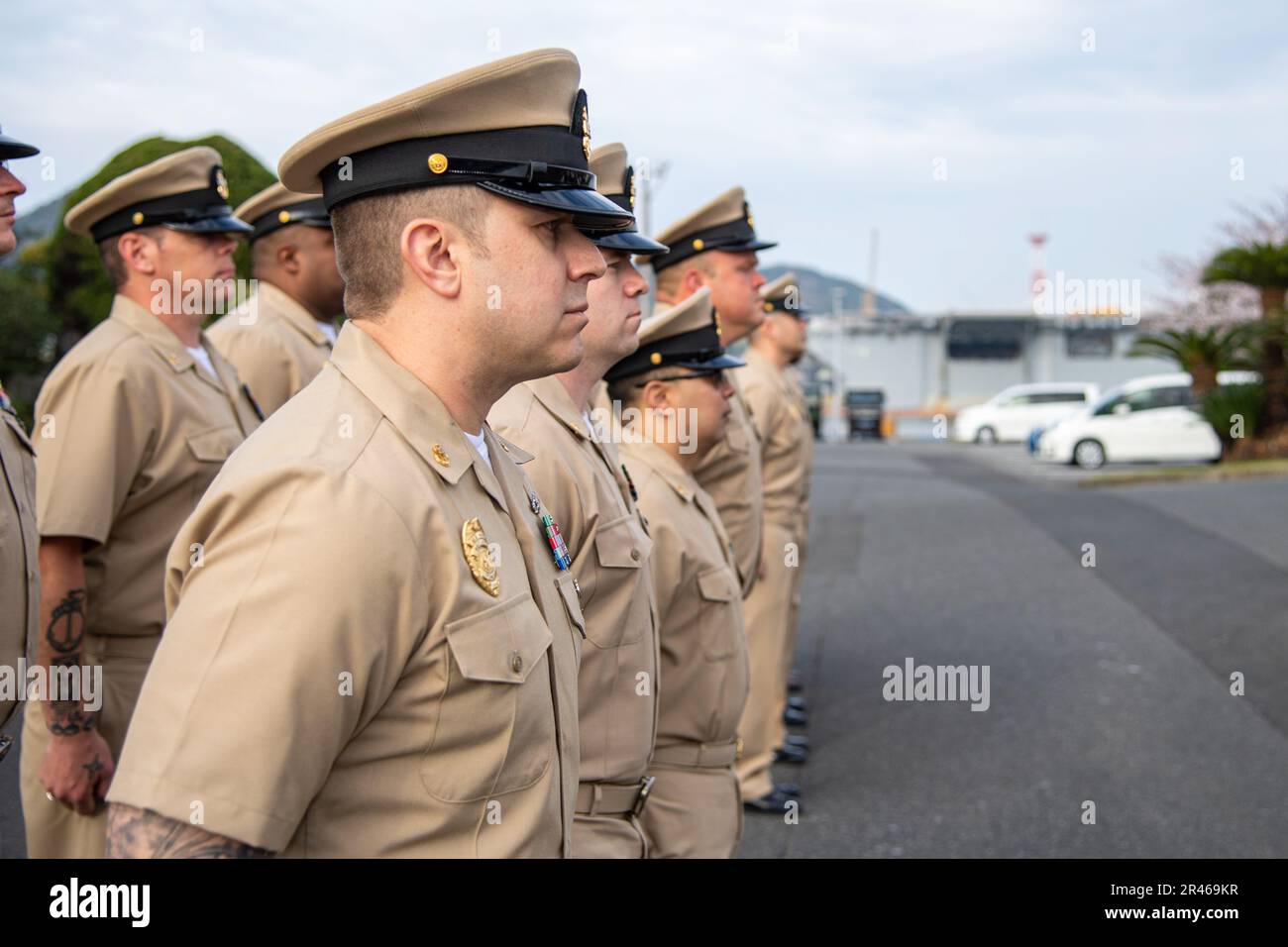 Sasebo-area chief petty officers stand at attention during morning ...