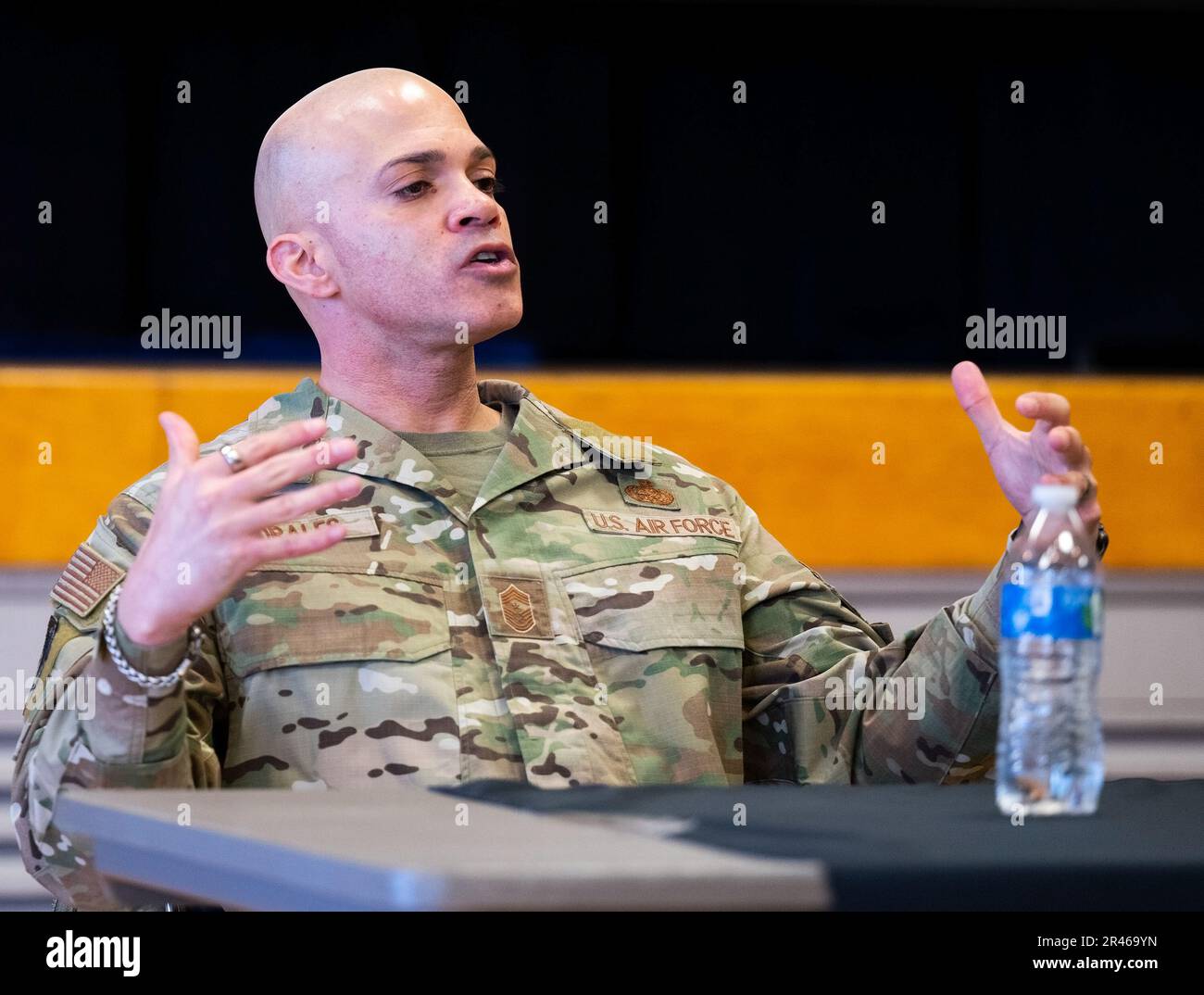 Air Force Chief Master Sgt. Lloyd Morales, 88th Air Base Wing command chief, takes part in a ...