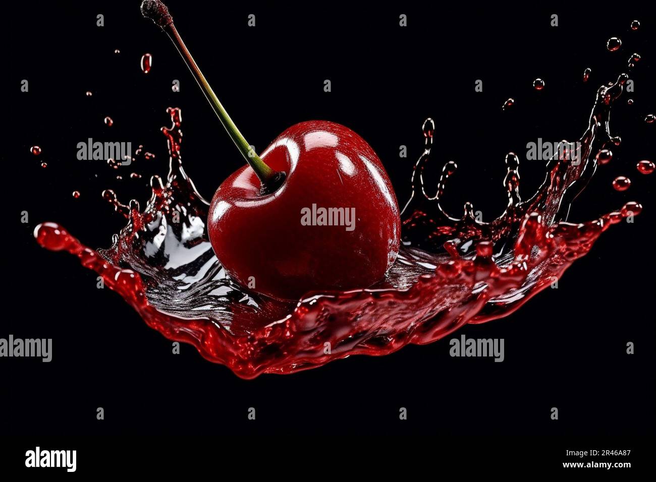 Fresh bright berry in splashes of cherry juice on a black background ...