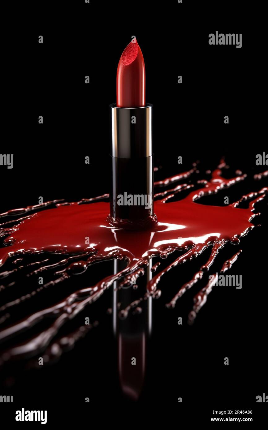Red female lipstick mock up on a black mirror background with a liquid ...