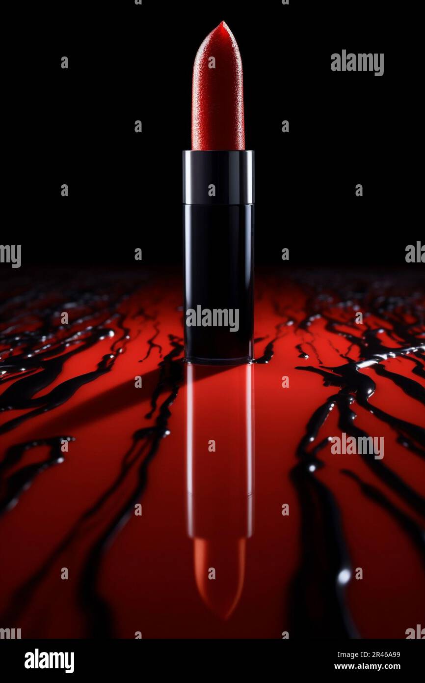 Red female lipstick mock up on a mirror background with a liquid black ...