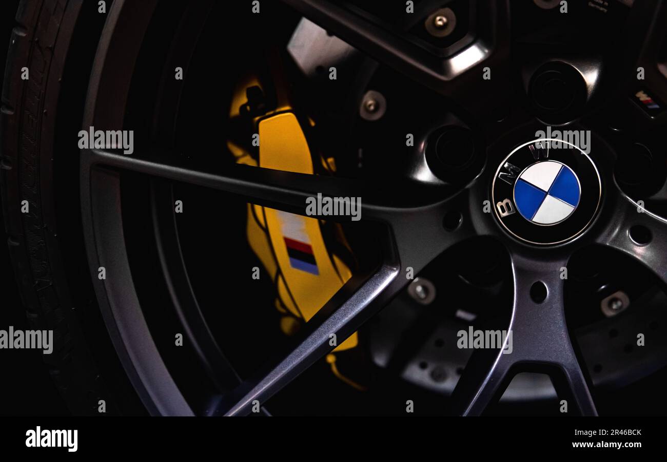 The logo on the wheel of exotic metallic black BMW M3 CS m power sports ...