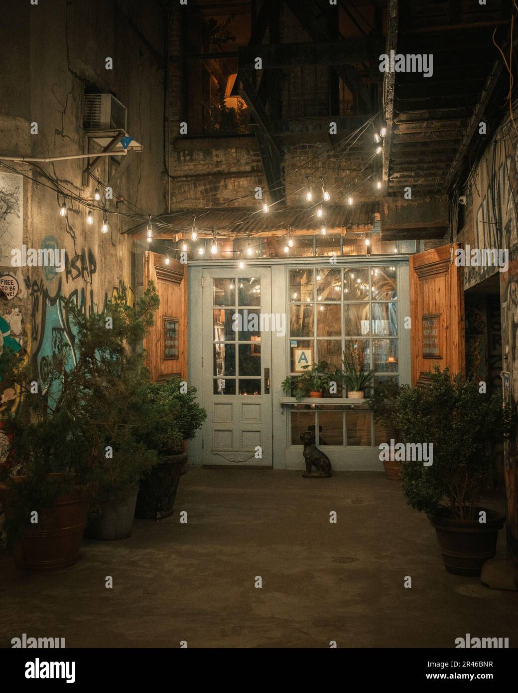 String lights in Freemans Alley at night, Manhattan, New York Stock ...
