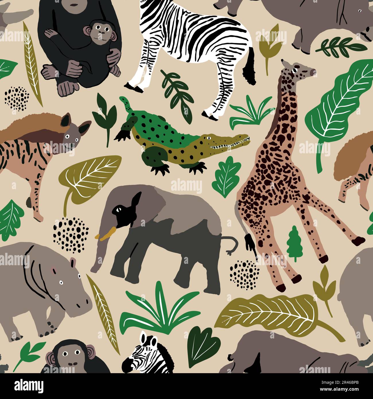 Seamless pattern illustration of cute wild safari African animals ...