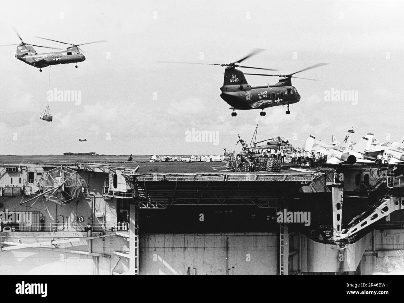 UH-46 Sea Knights from HC-3 and HC-7 resupplying USS Intrepid (CVS-11 ...