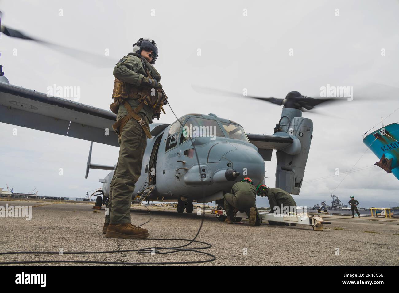 U.S. Marines with Marine Medium Tiltrotor Squadron 363 prepare an MV ...