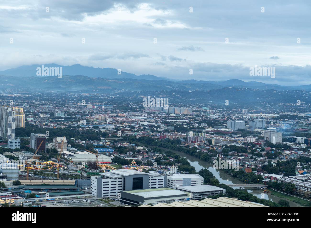 An aerial view of a city skyline features tall buildings and majestic ...