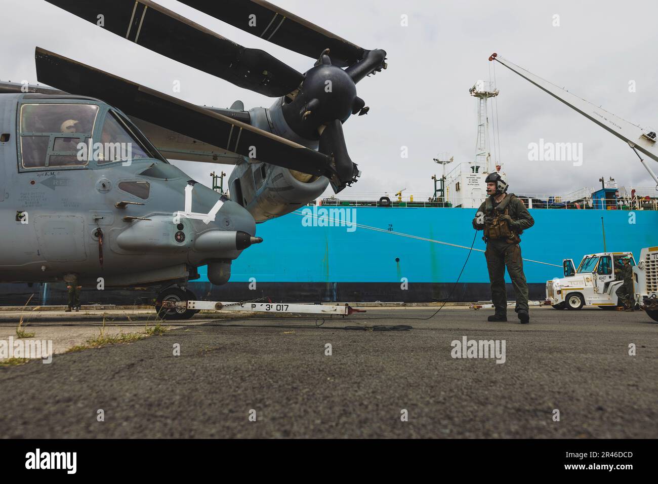 U.S. Marines with Marine Medium Tiltrotor Squadron 363 prepare an MV ...