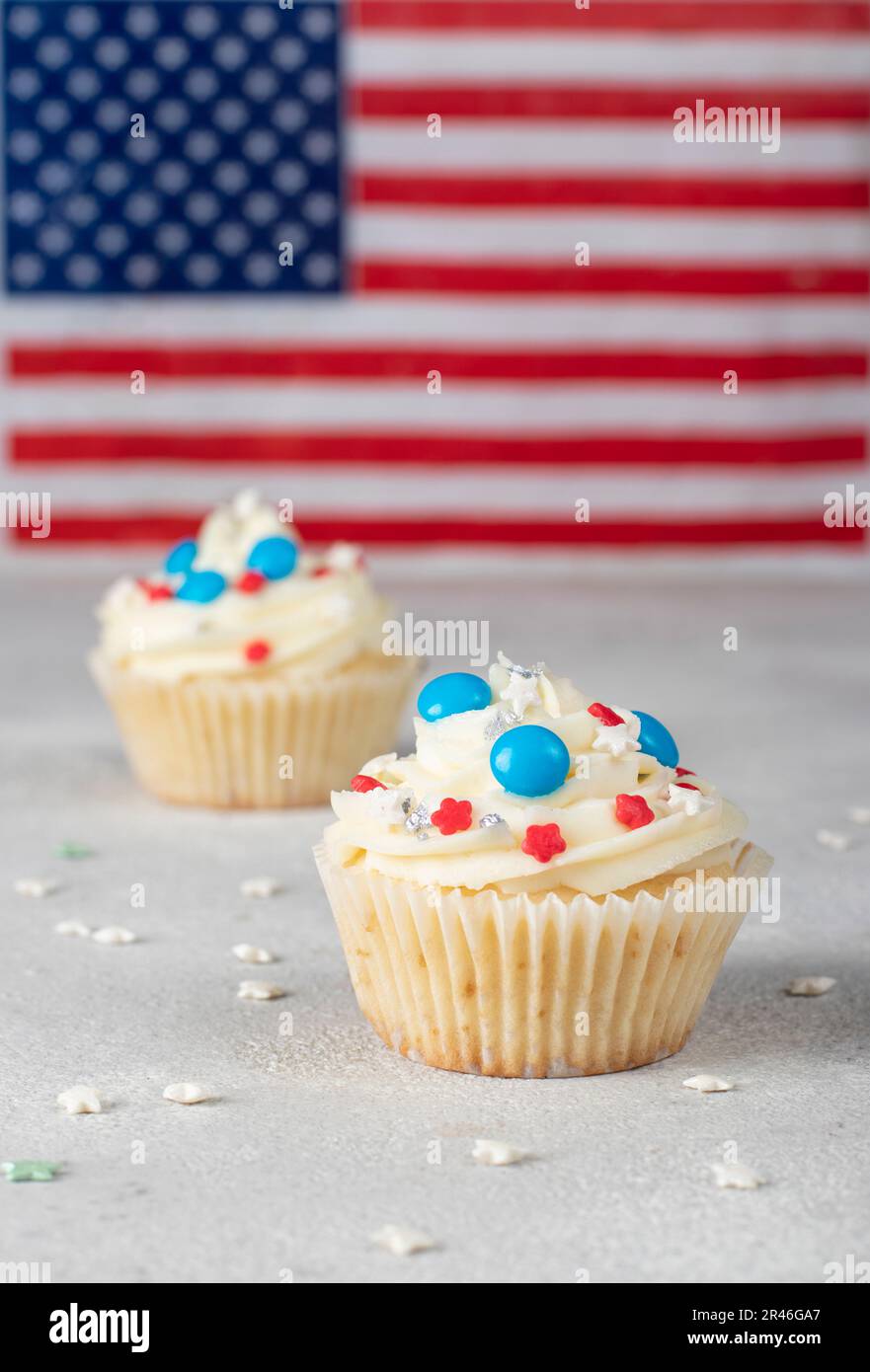 Patriotic cupcakes for USA Independence Day on the background of the ...