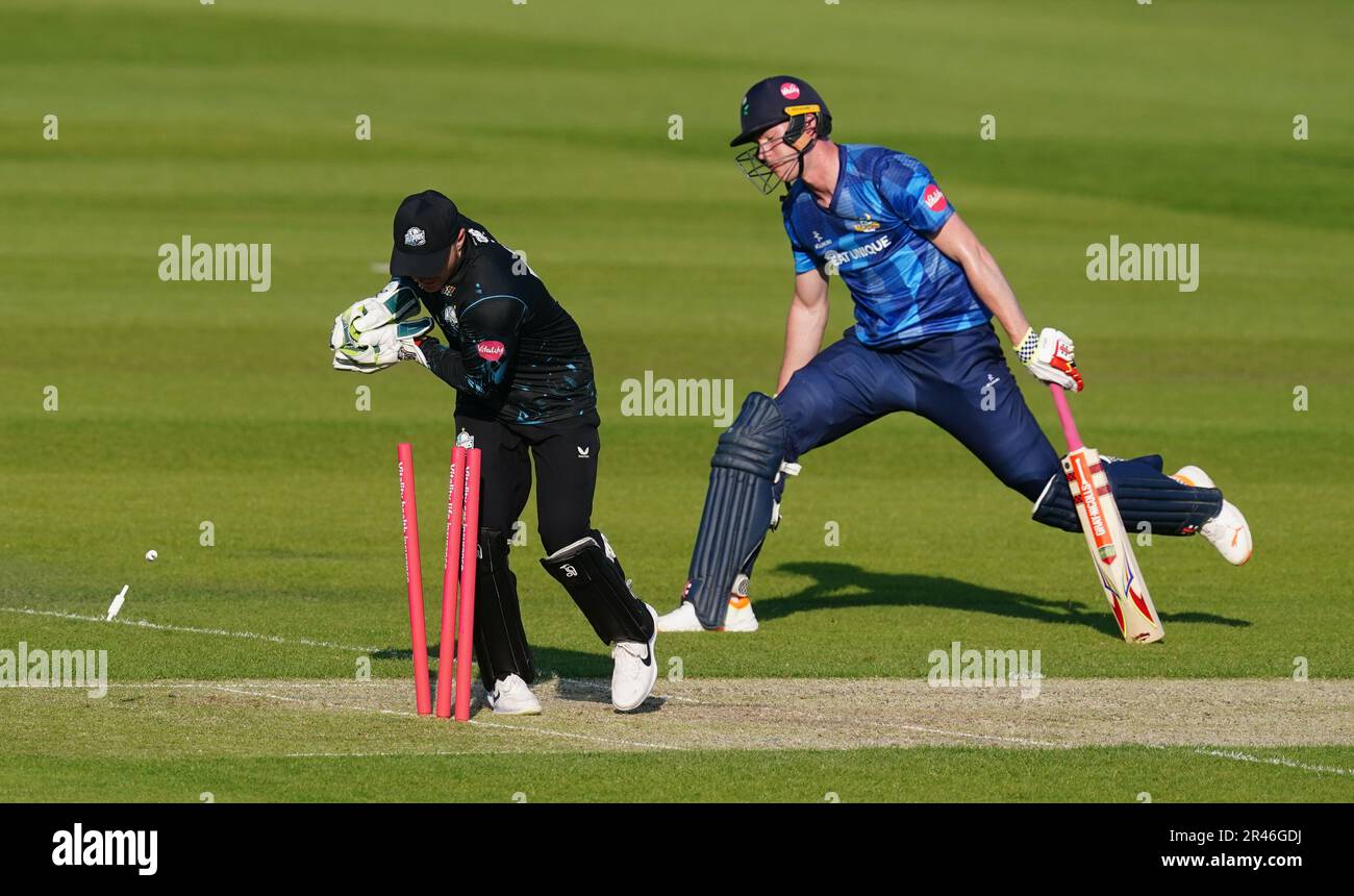 Yorkshire's Matthew Revis is run out by Worcestershire's Ben Cox during ...