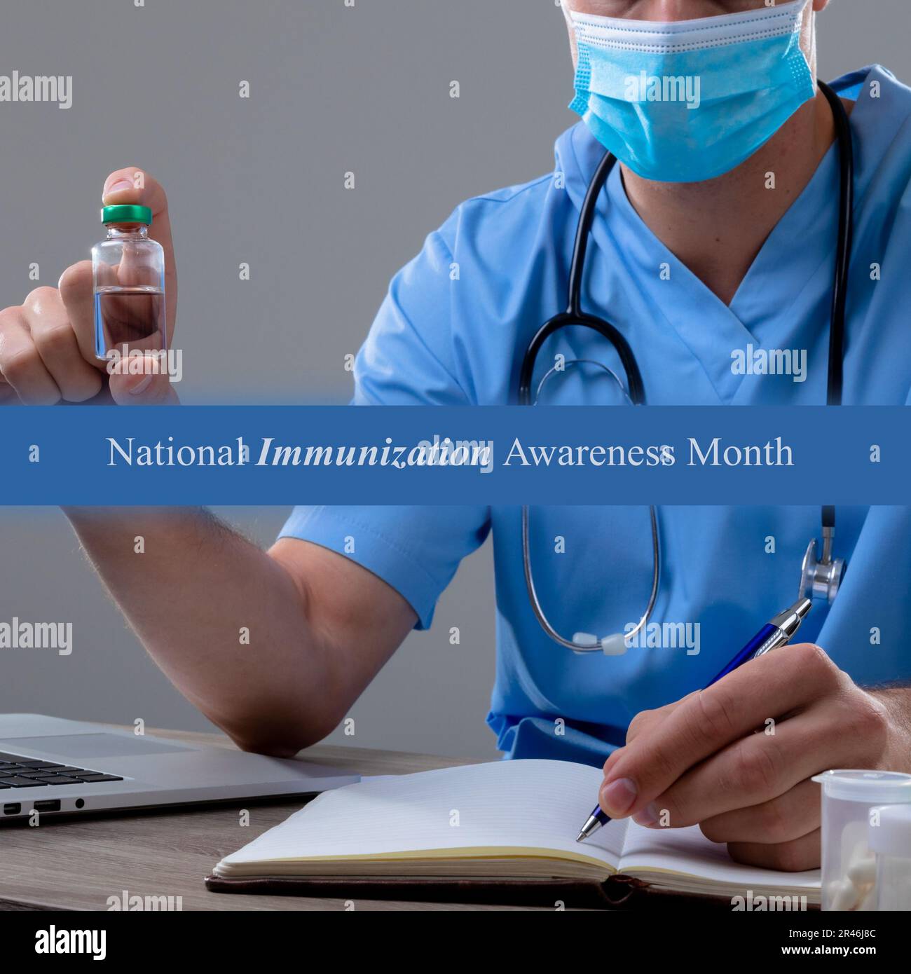 National immunization awareness month text over caucasian doctor ...