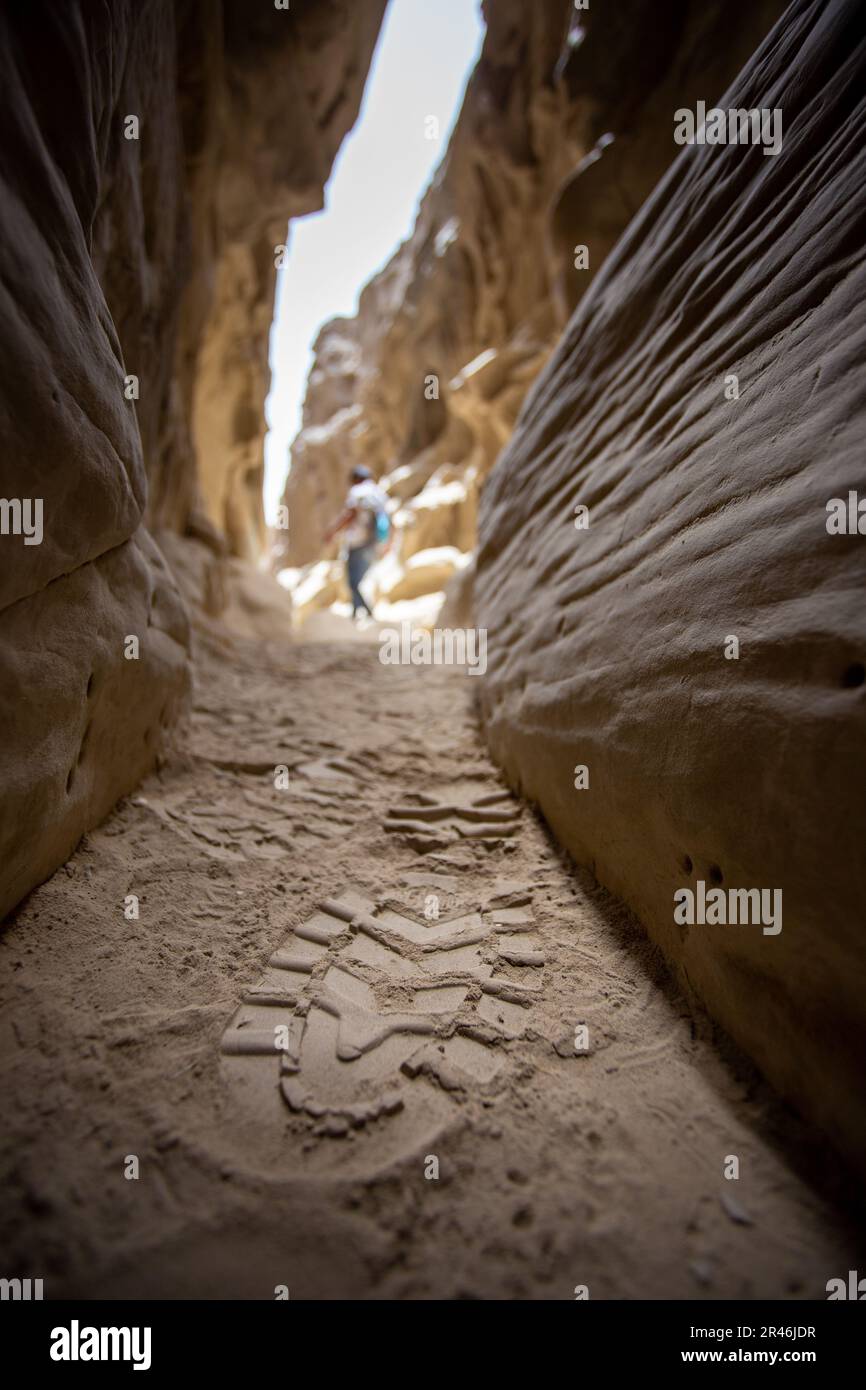 A footstep in a scenic, rustic dirt pathway winding through an arid ...