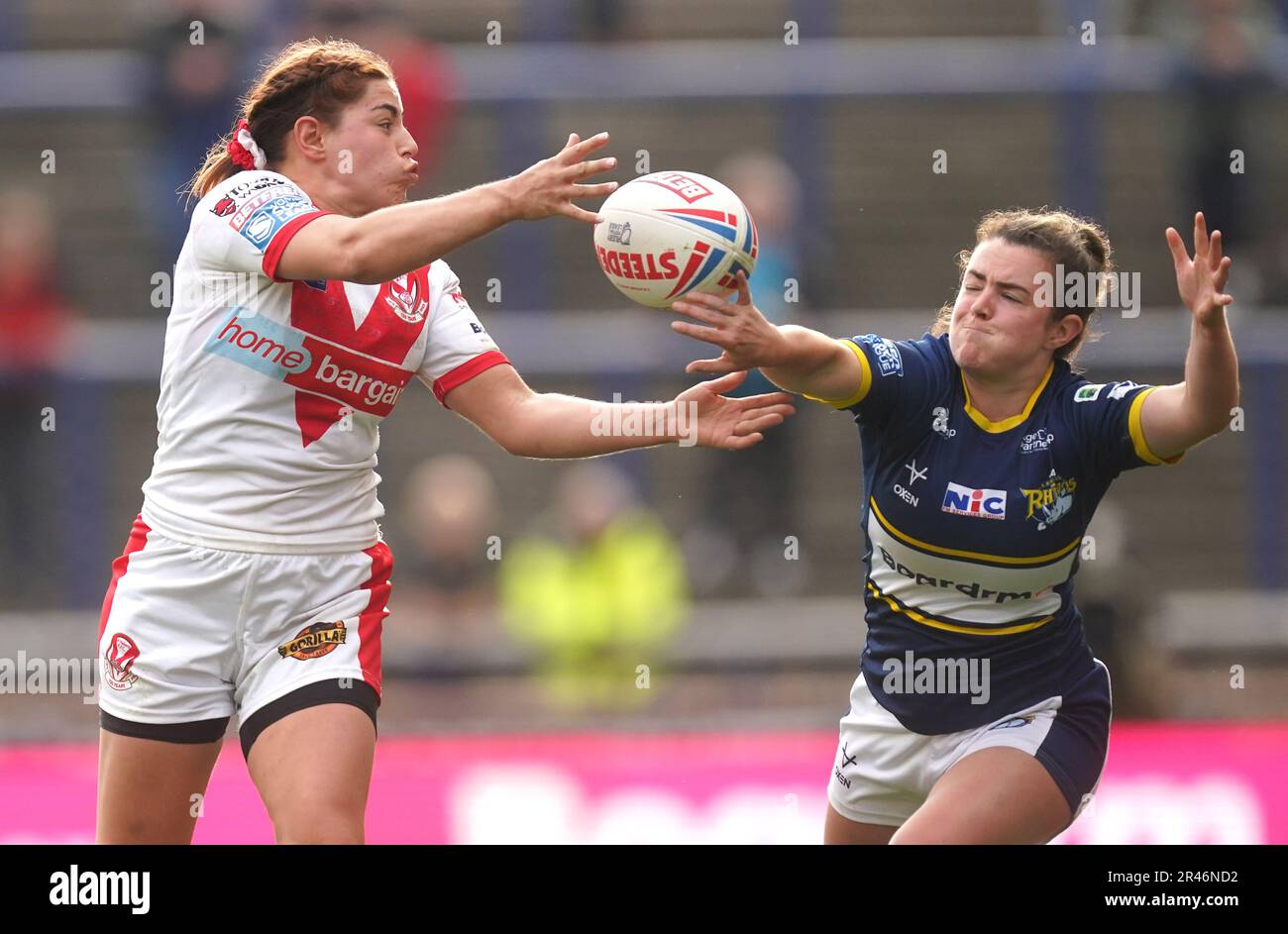 St Helens' Emily Rudge (left) and Leeds Rhinos' Eloise Hayward in ...