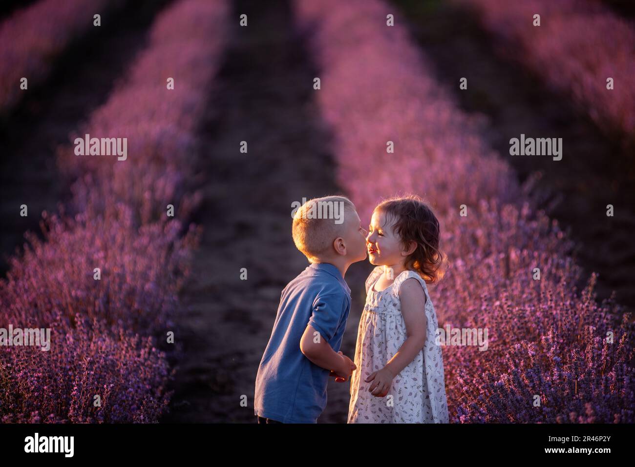 Close-up portrait of little girl kissing boy on the cheek in the rows ...